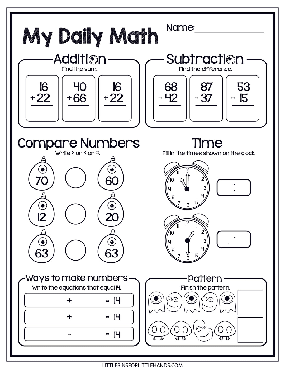 Monster Theme Daily Math Worksheets – Little Bins for Little Hands