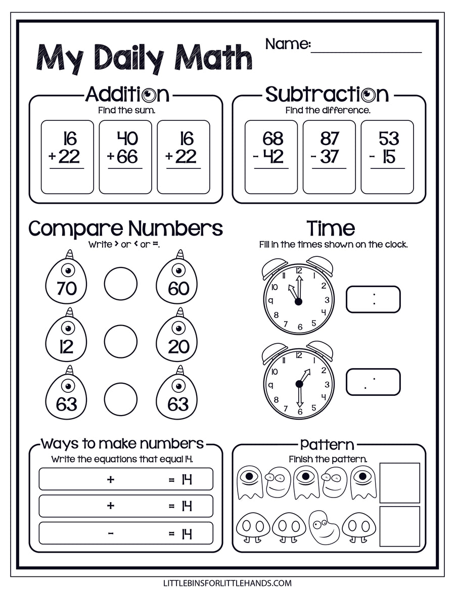 Monster Theme Daily Math Worksheets – Little Bins for Little Hands