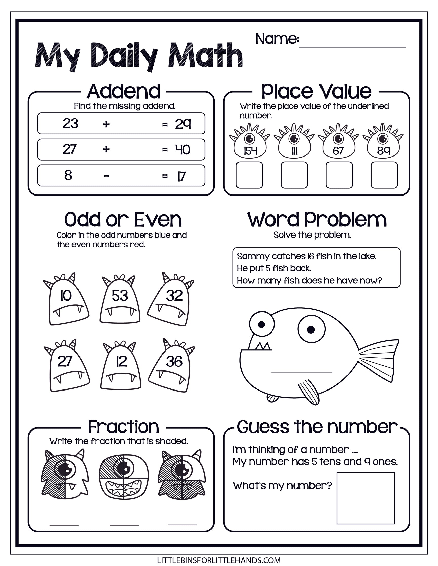 Monster Theme Daily Math Worksheets – Little Bins for Little Hands