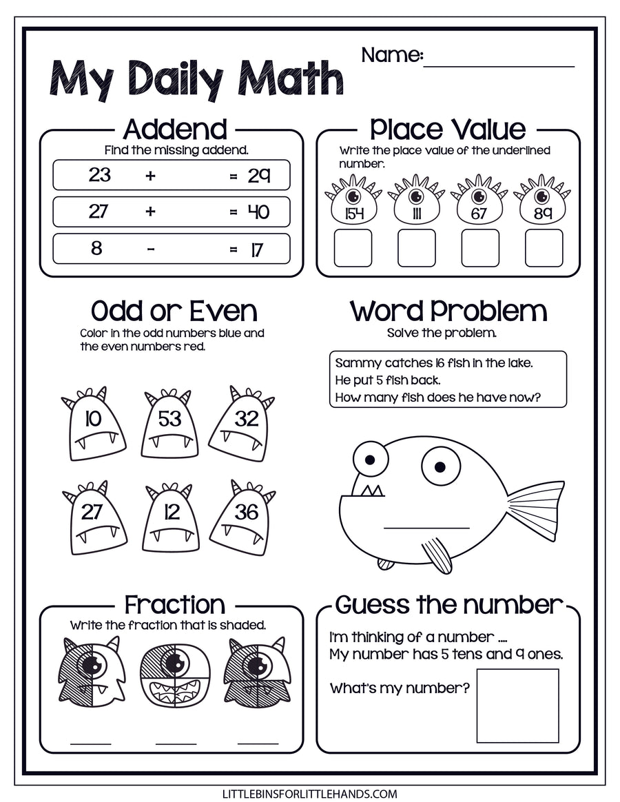 Monster Theme Daily Math Worksheets – Little Bins for Little Hands