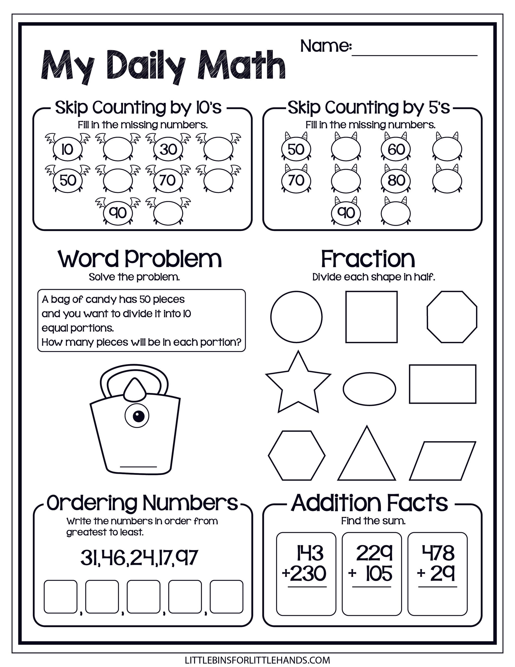 Monster Theme Daily Math Worksheets – Little Bins for Little Hands