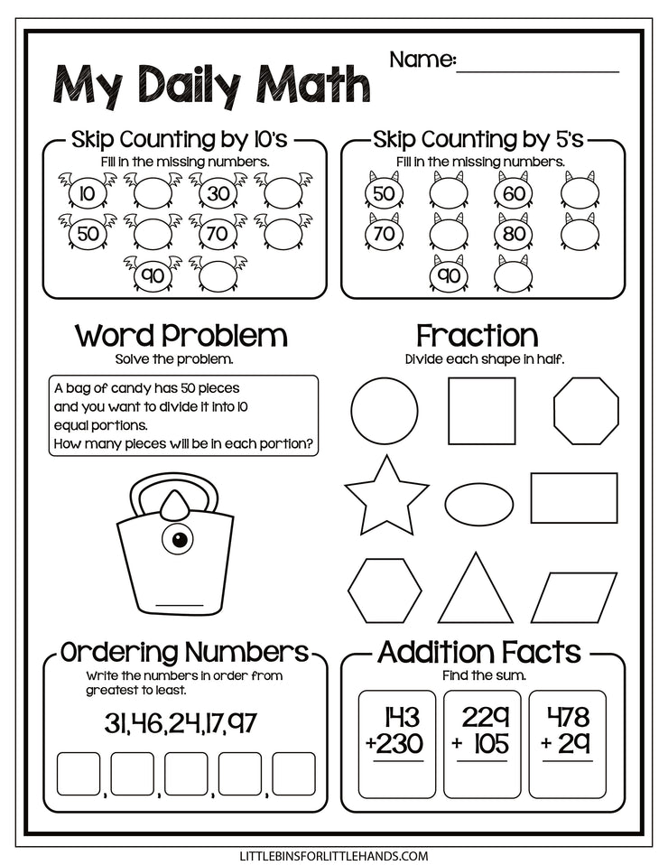 Monster Theme Daily Math Worksheets – Little Bins for Little Hands